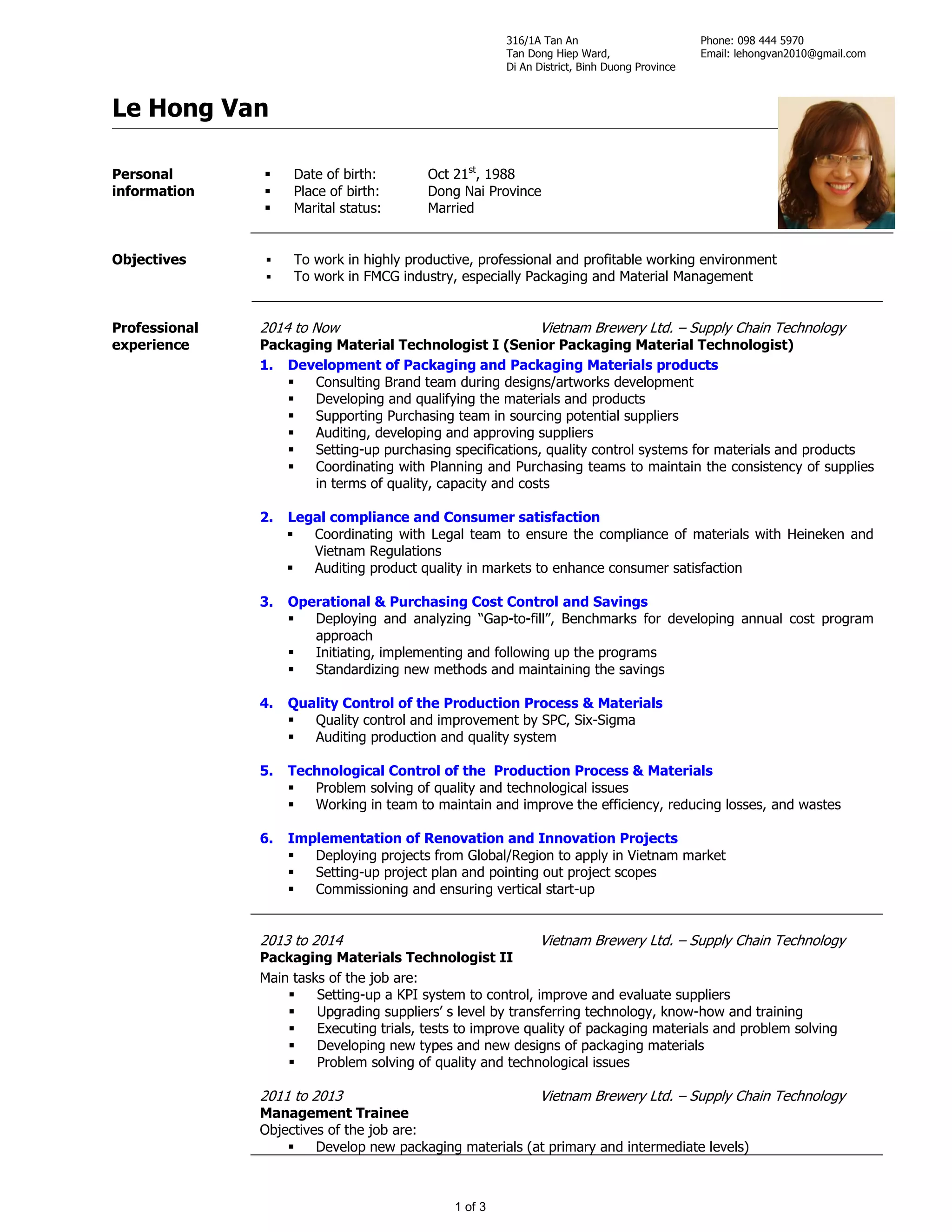 Resume le hong van | PDF | Manufacturing Industry | Industries