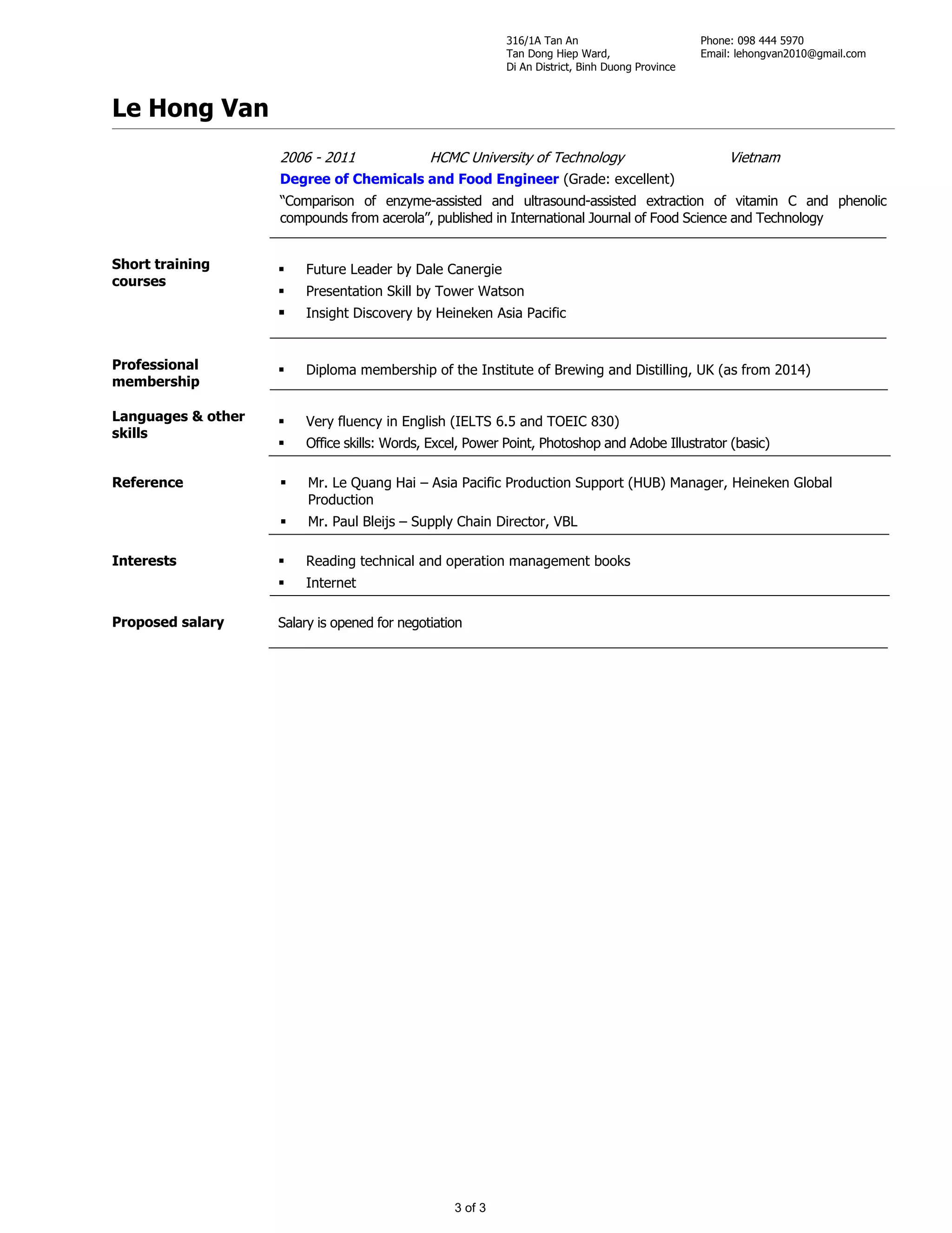 Resume le hong van | PDF | Manufacturing Industry | Industries