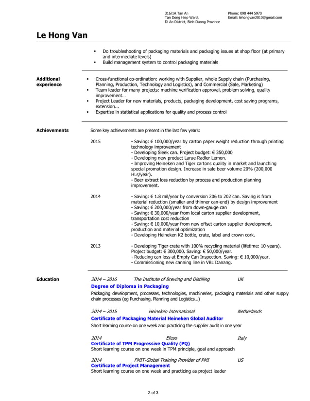 Resume le hong van | PDF | Manufacturing Industry | Industries