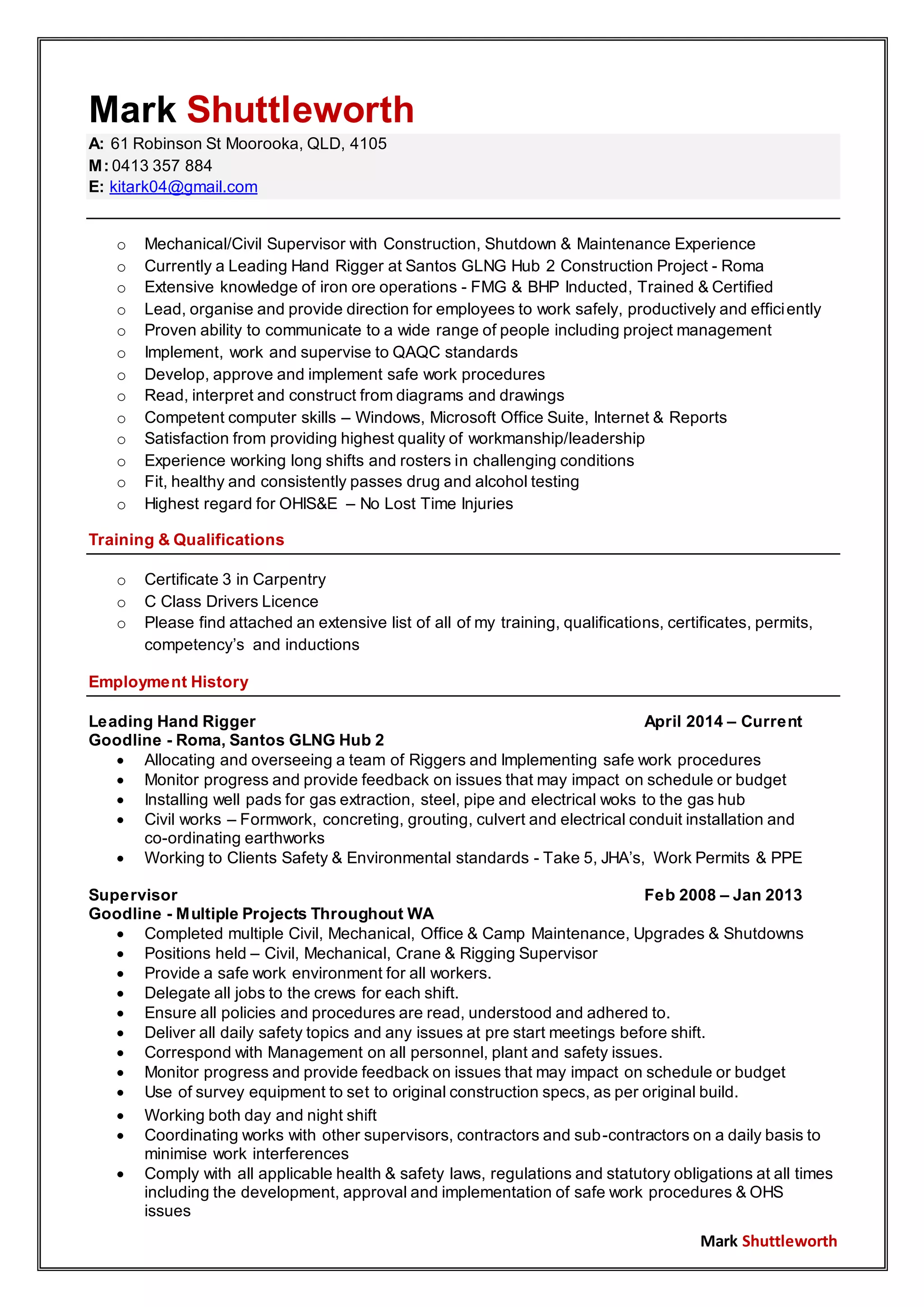 Resume mark shuttleworth | DOCX