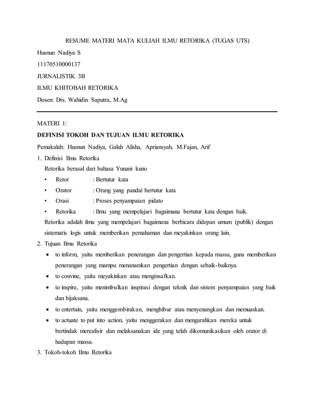 Resume materi mata kuliah ilmu retorika | PDF