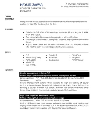 Resume Mayuri Zawar | PDF | Web Development | Internet
