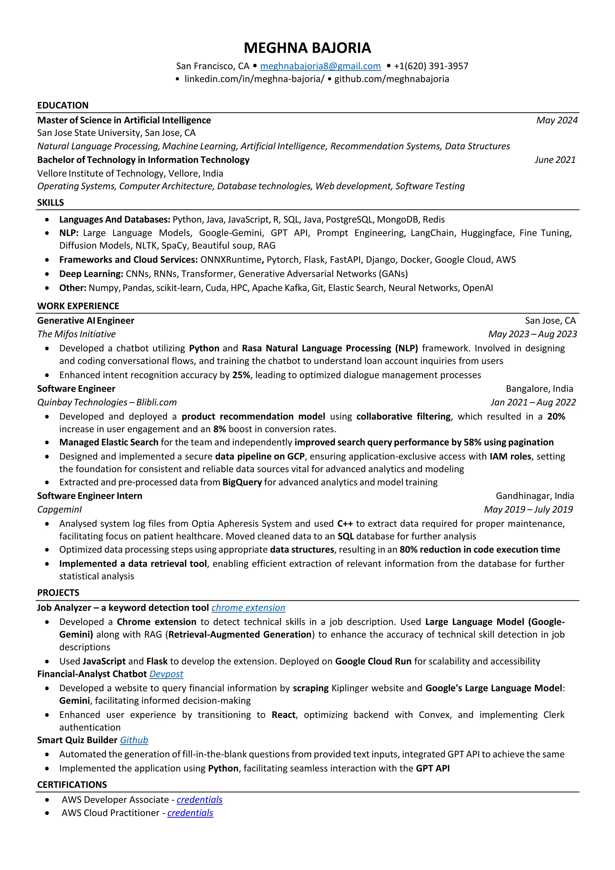 Resume for Meghna Bajoria - Looking for full time roles | PDF