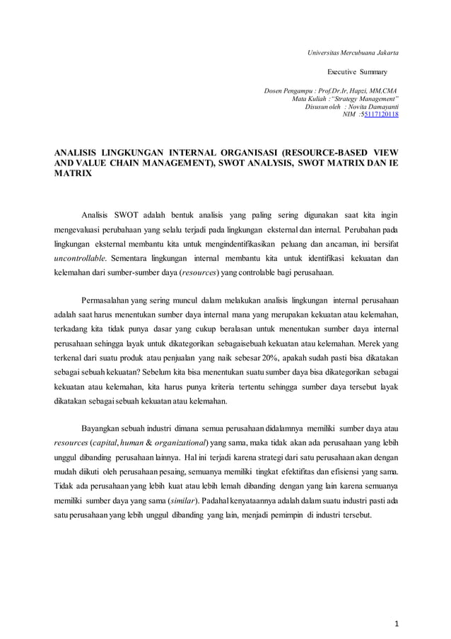 ANALISIS LINGKUNGAN INTERNAL ORGANISASI (RESOURCE-BASED VIEW AND VALUE ...