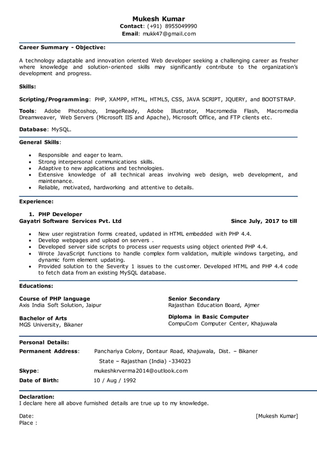 Resume for PHP and Web developor | DOCX