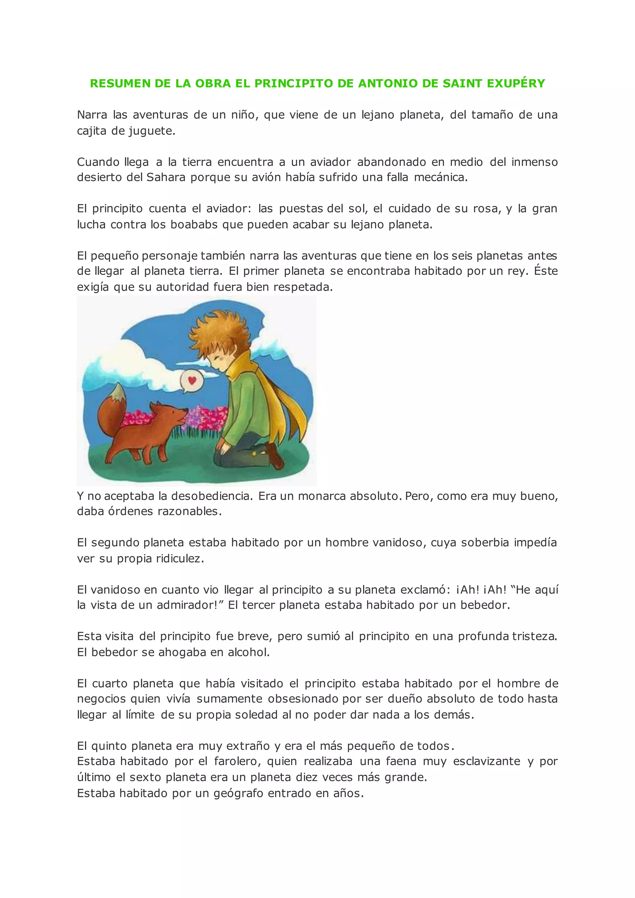 Resumen de la obra el principito de antonio de saint exupéry (1) | DOCX