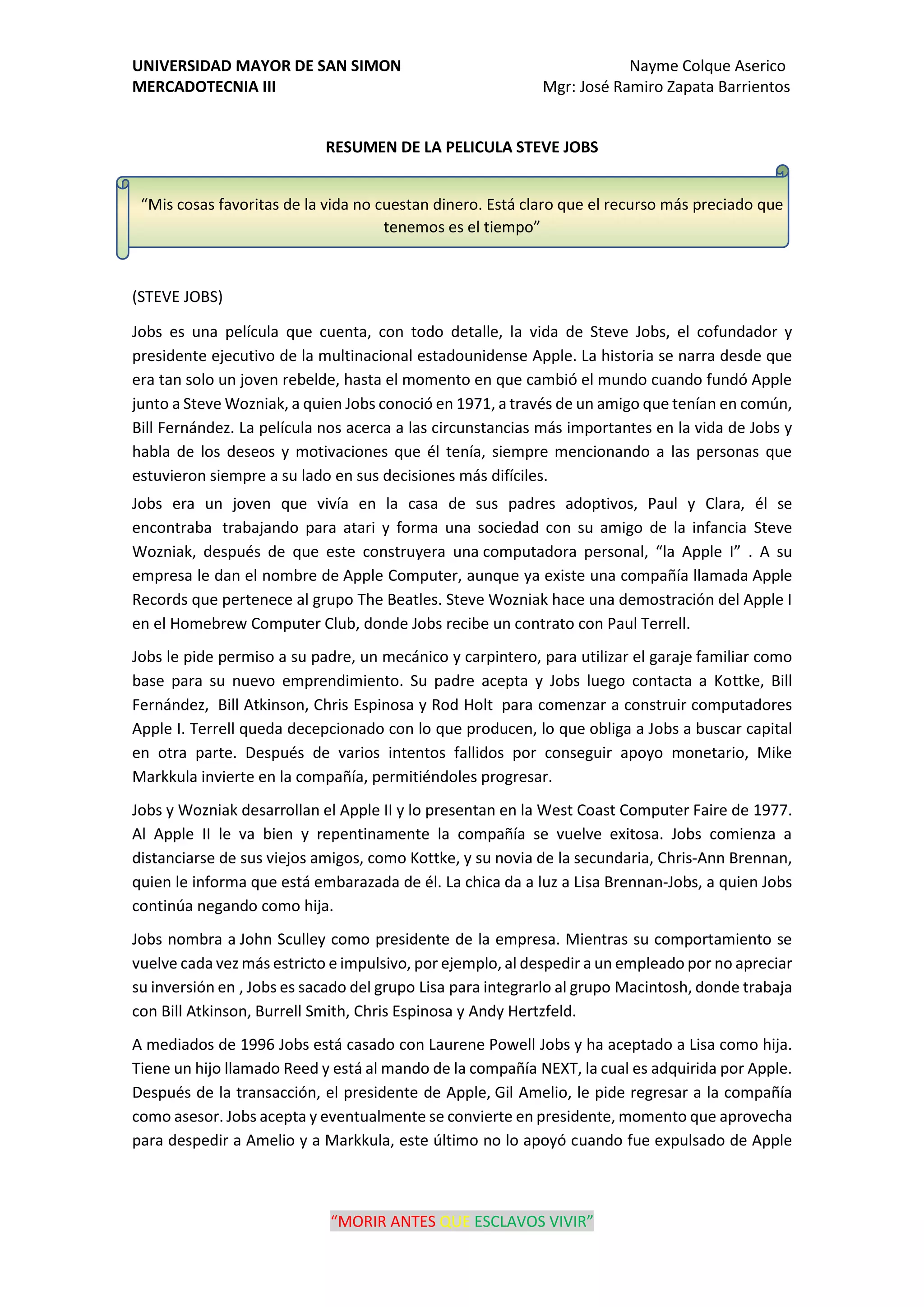 Resumen de la pelicula steve jobs | PDF