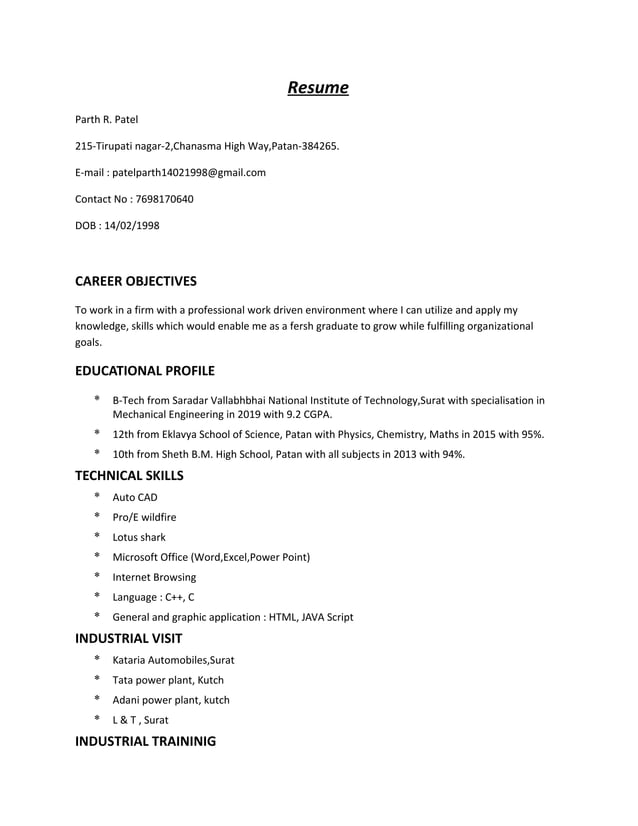 Resume For Mechanical Engineer | RTF
