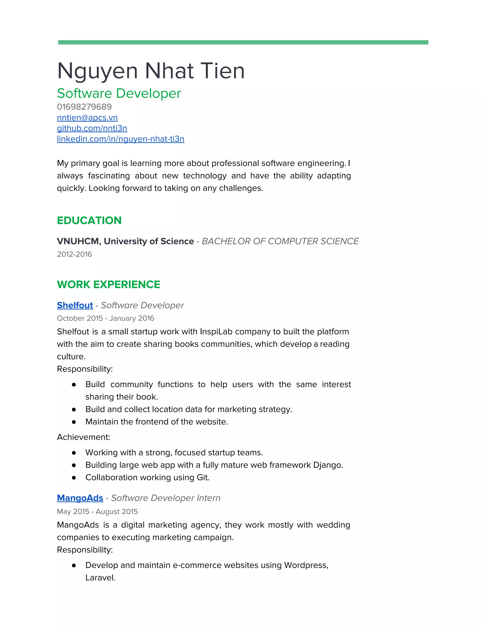 Nguyen Nhat Tien CV | PDF