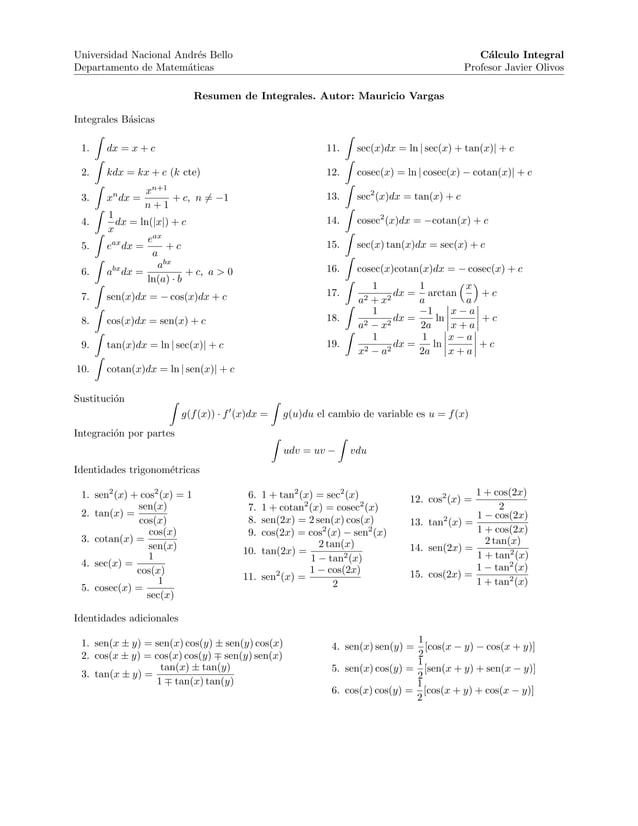 Resumen de Integrales (Cálculo Diferencial e Integral UNAB) | PDF ...