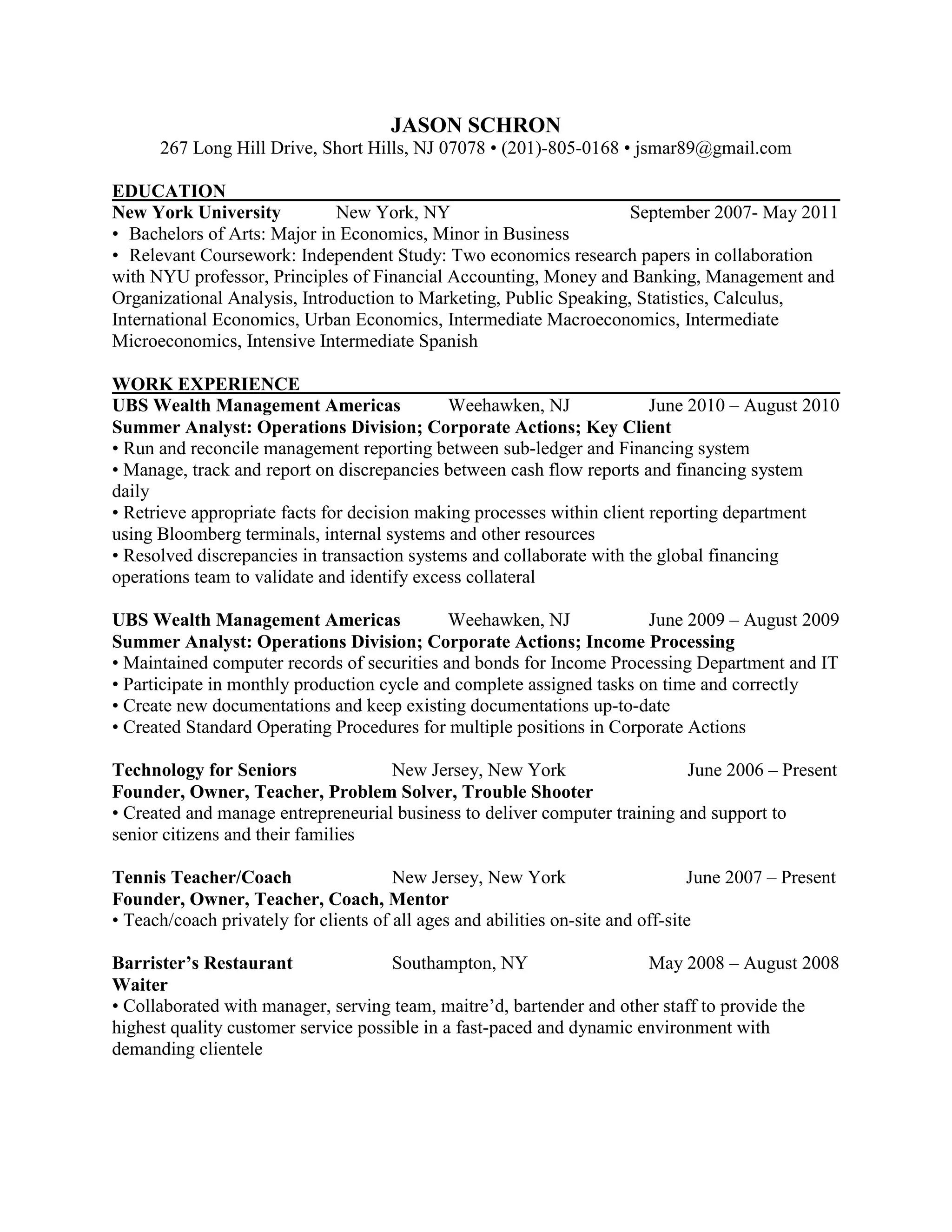 Resume - NYU Graduate (Economics, Business) | PDF | Business Accounting ...
