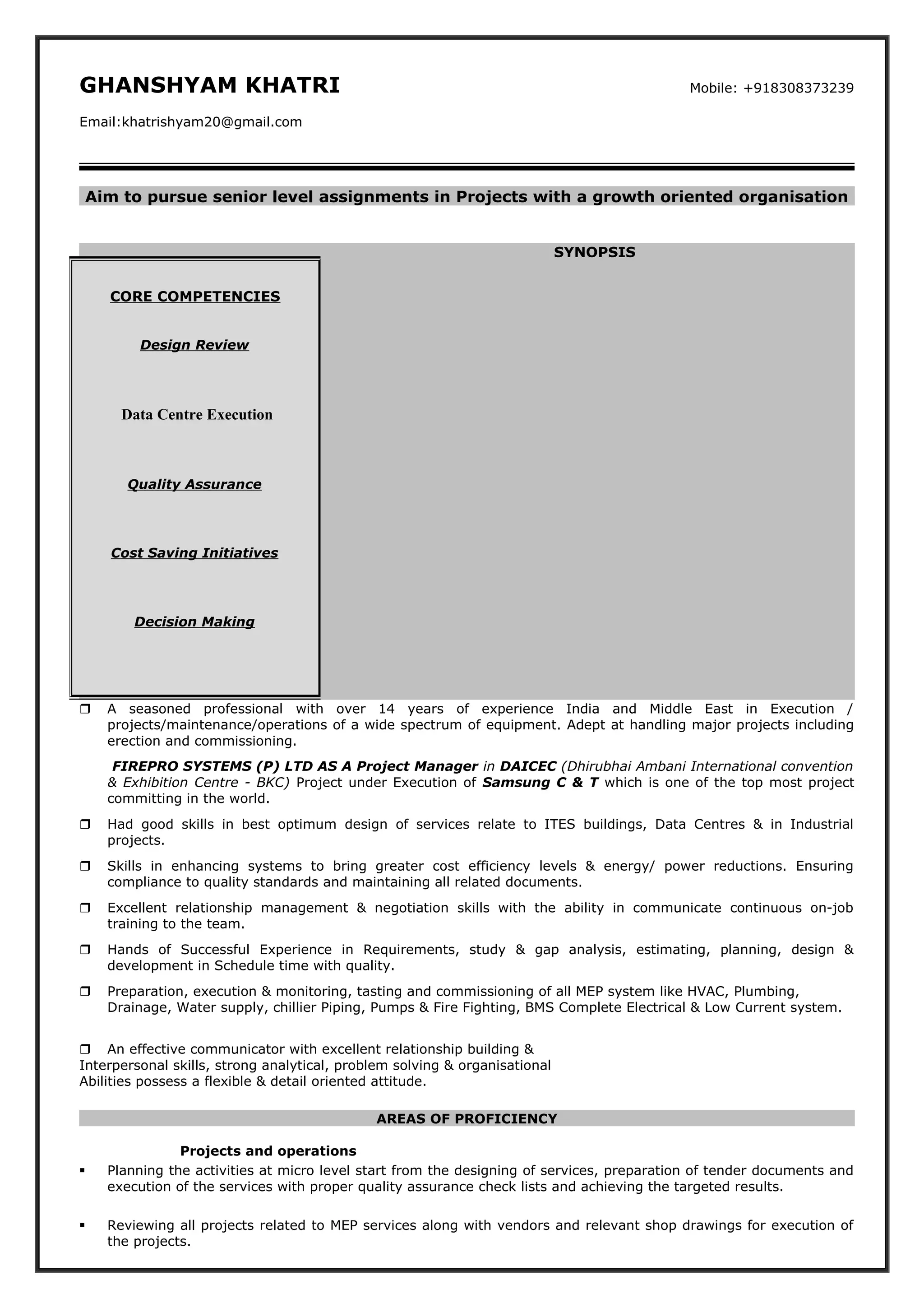 MEPF Rroject Manager ( Execution, Desing,servises) | DOC