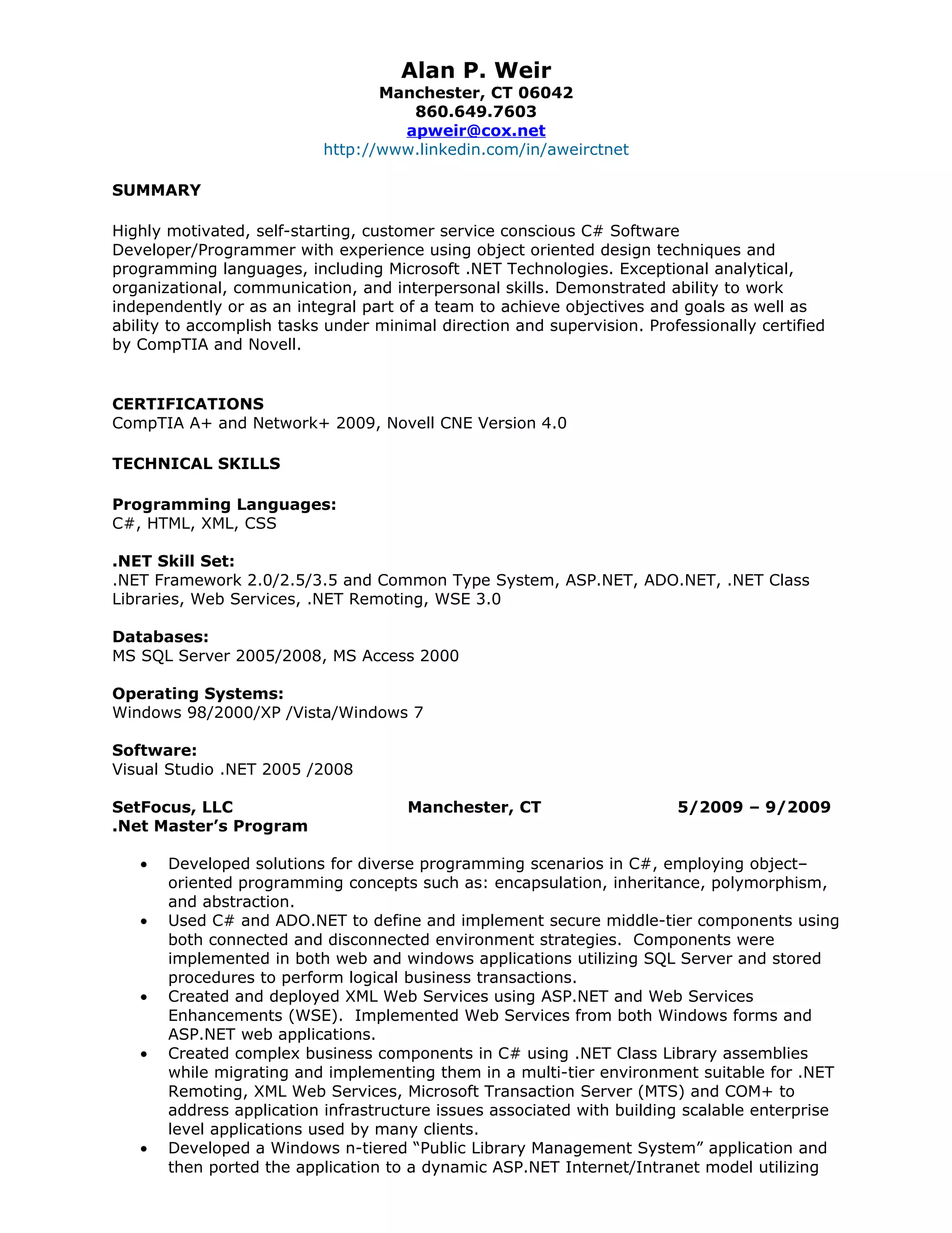 Resume Of Alan Weir | DOC | Programming Languages | Computing