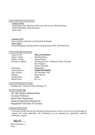 Resume of azad | DOC | Apparel Industry | Industries