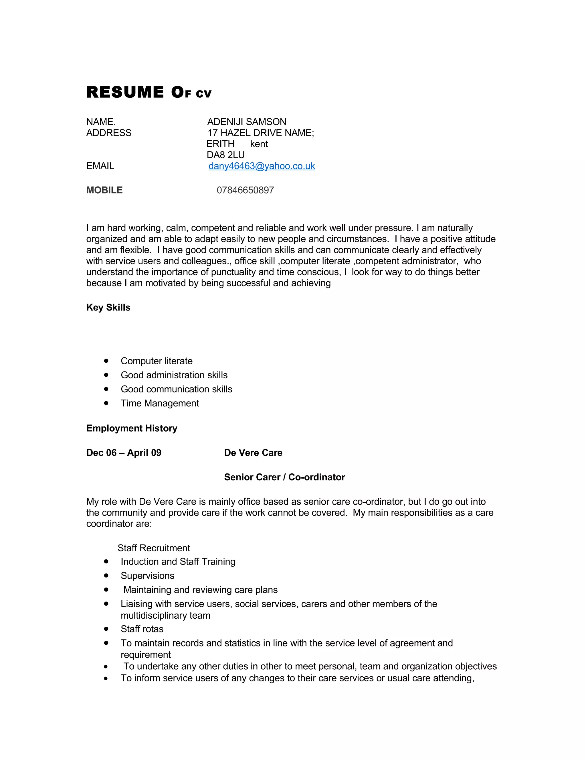Resume Of Cv Orginal 1 | DOC