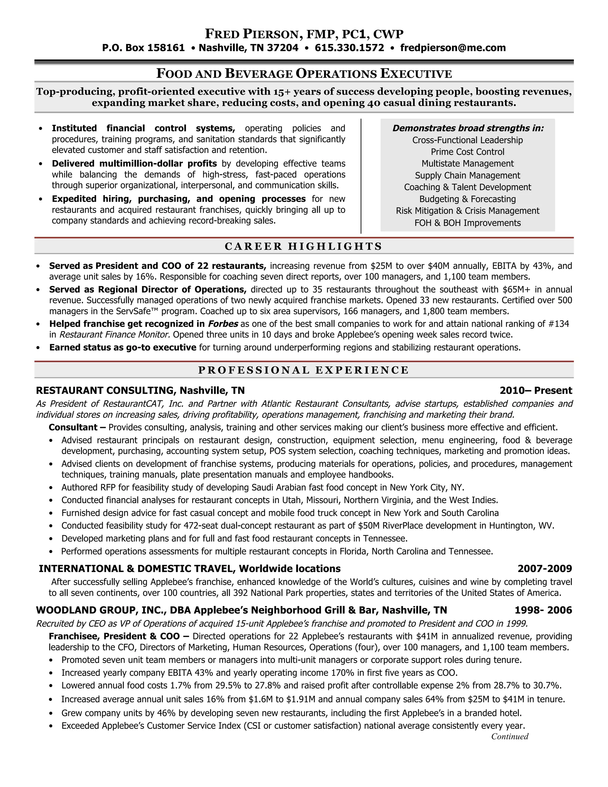 Resume of fred pierson 12 2012 | PDF