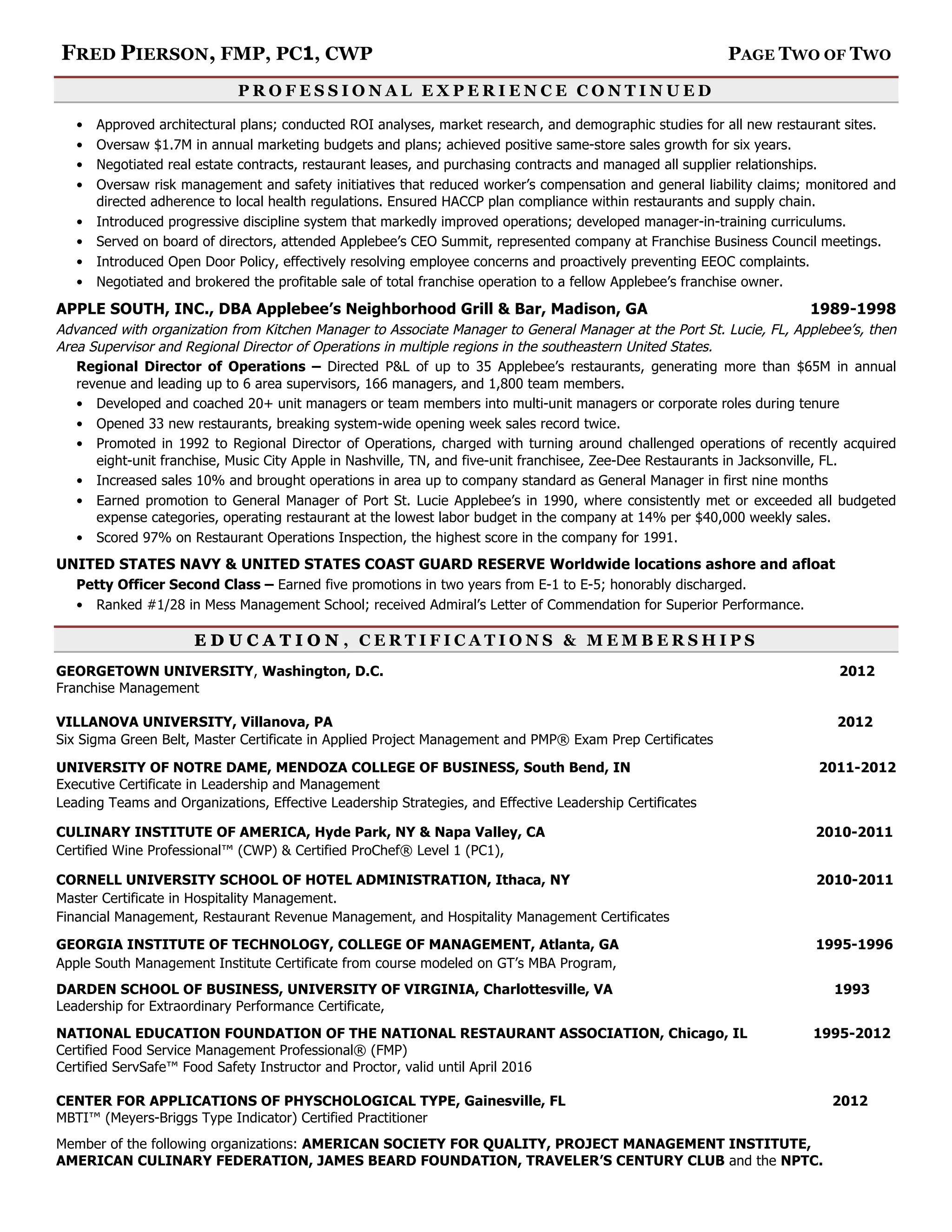 Resume of fred pierson 12 2012 | PDF