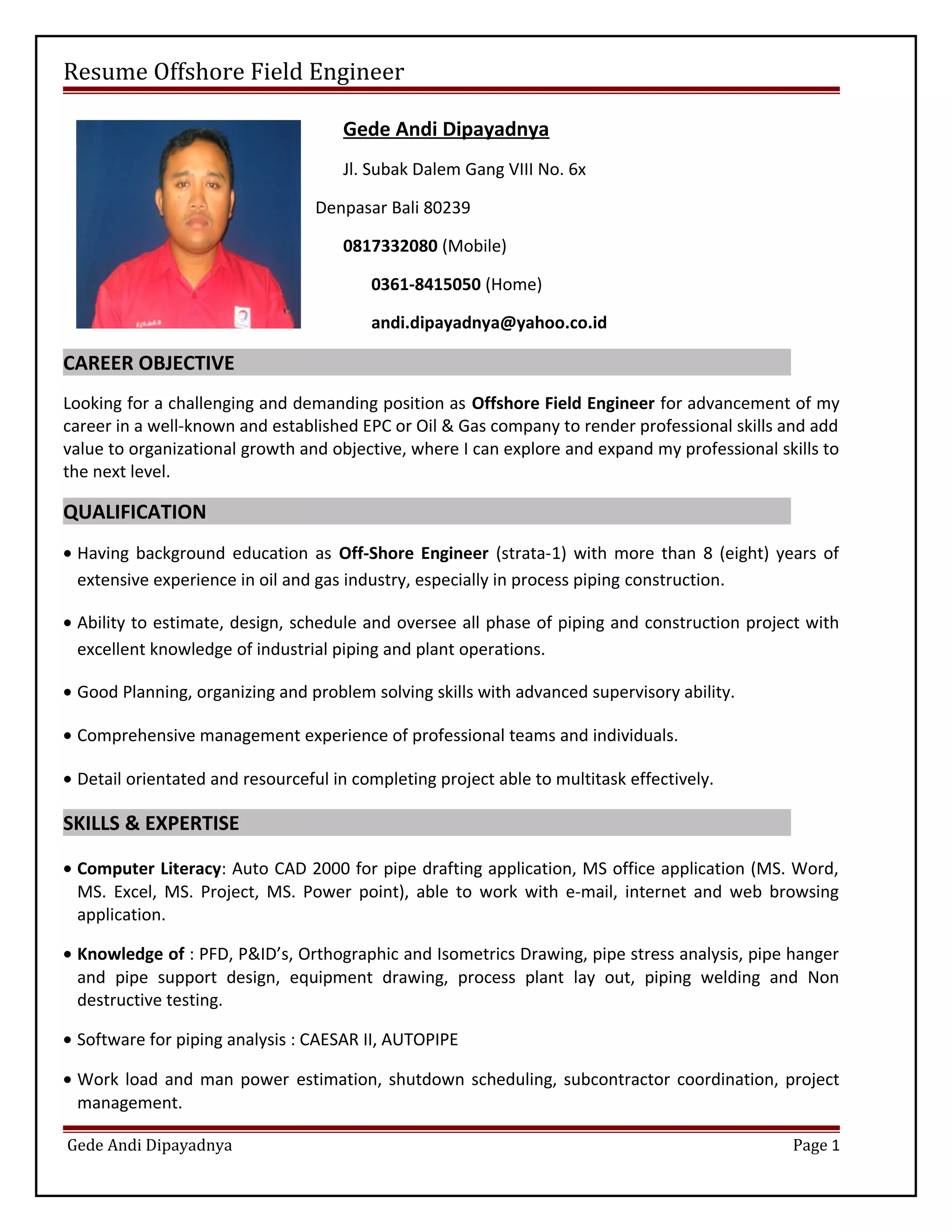 Resume offshore field engineer | DOC