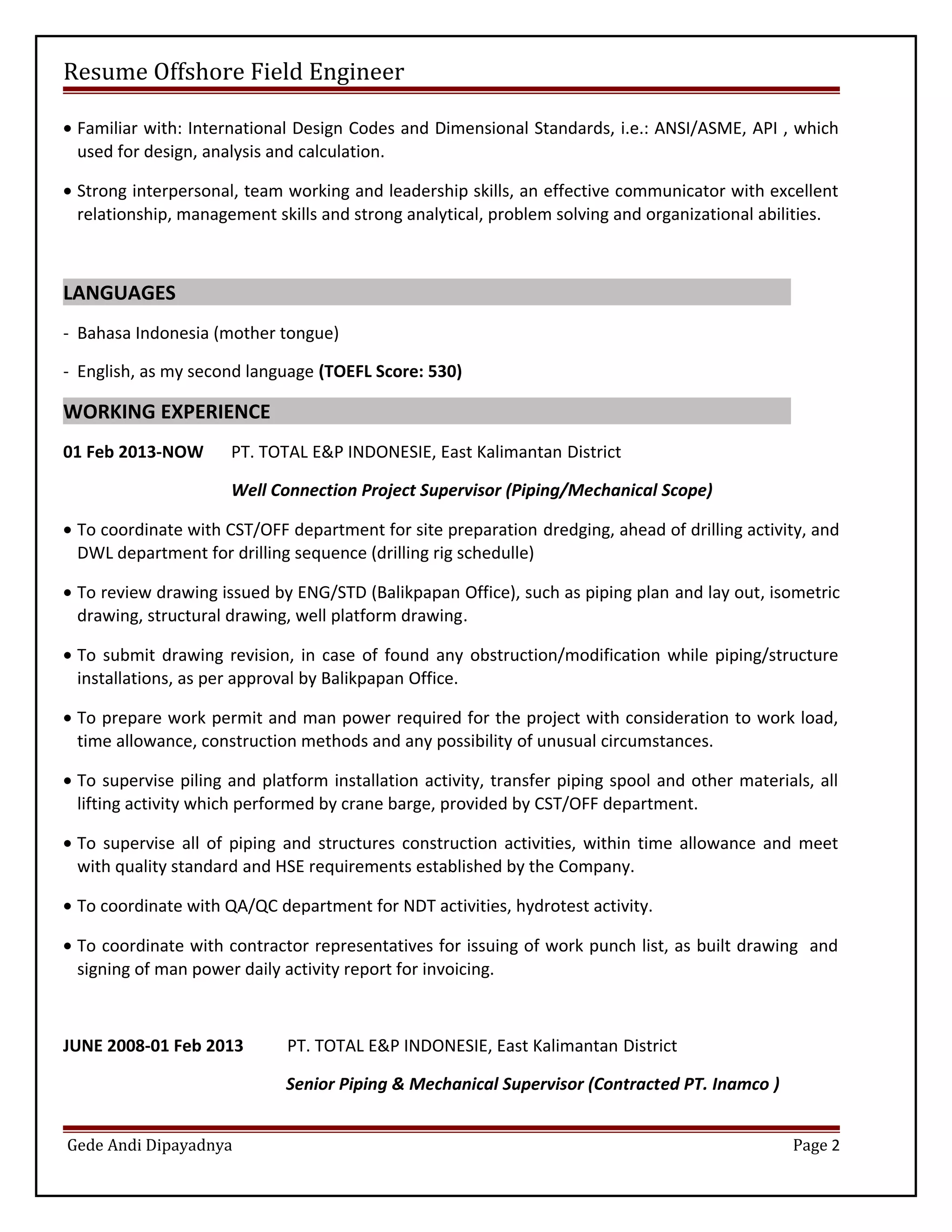Resume offshore field engineer | DOC