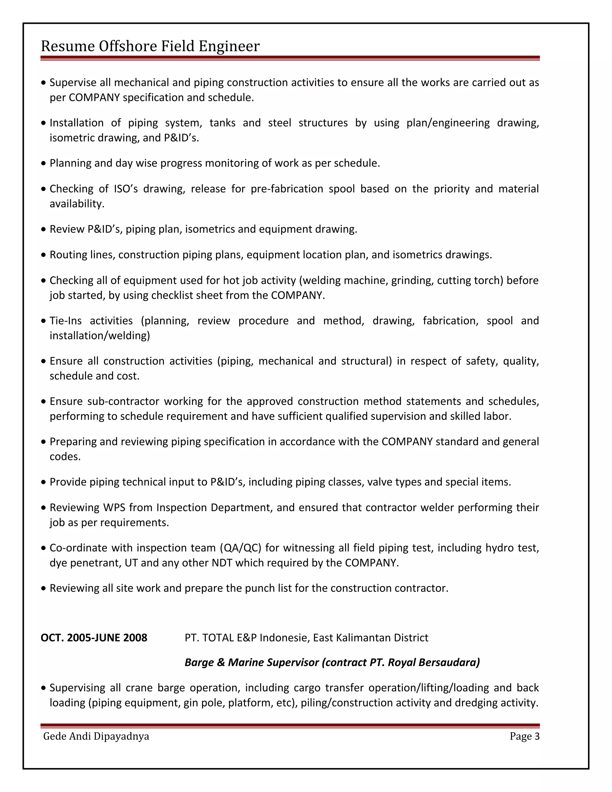 Resume offshore field engineer | DOC