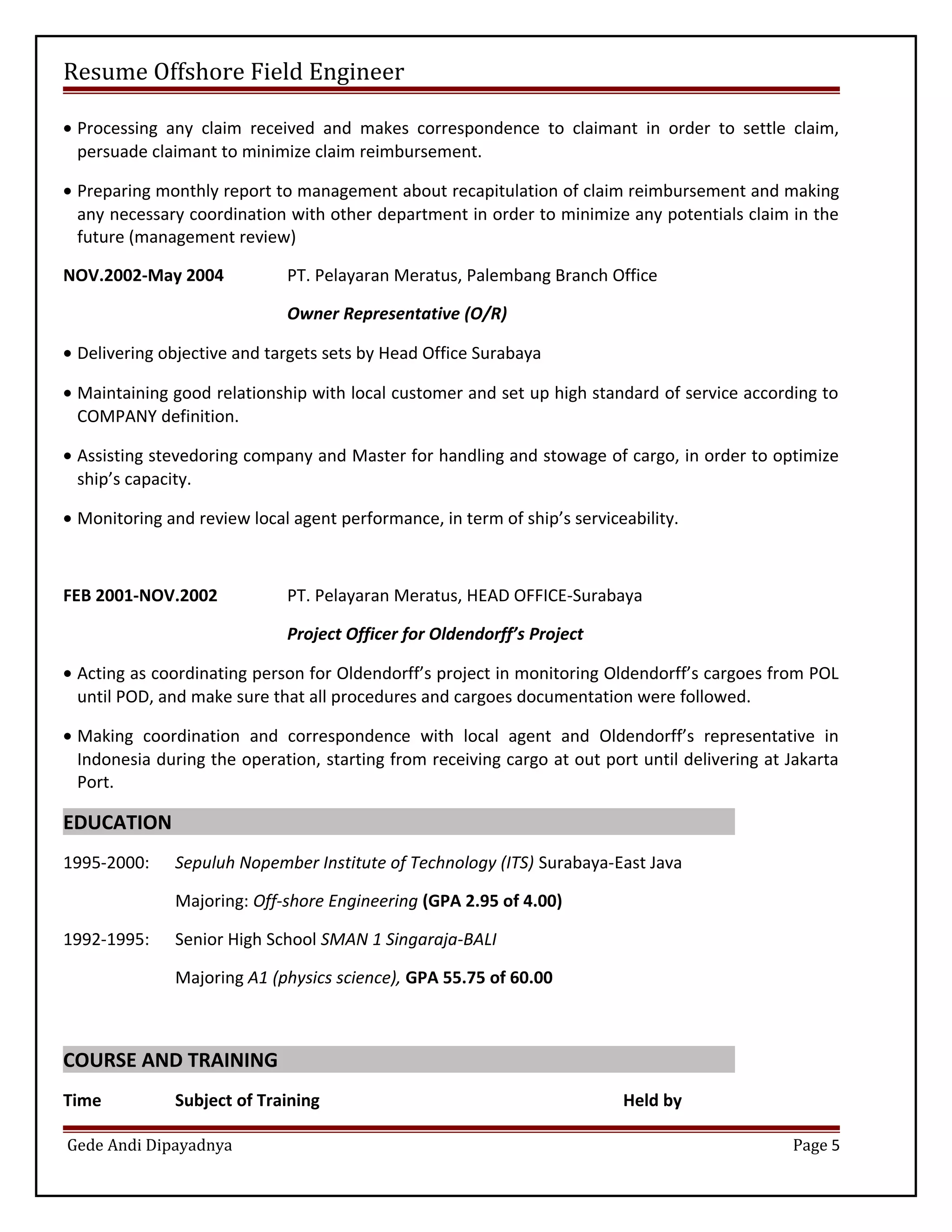 Resume offshore field engineer | DOC