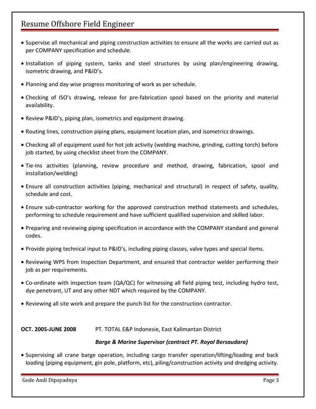 Resume offshore field engineer | DOC | Civil Engineering Industry ...