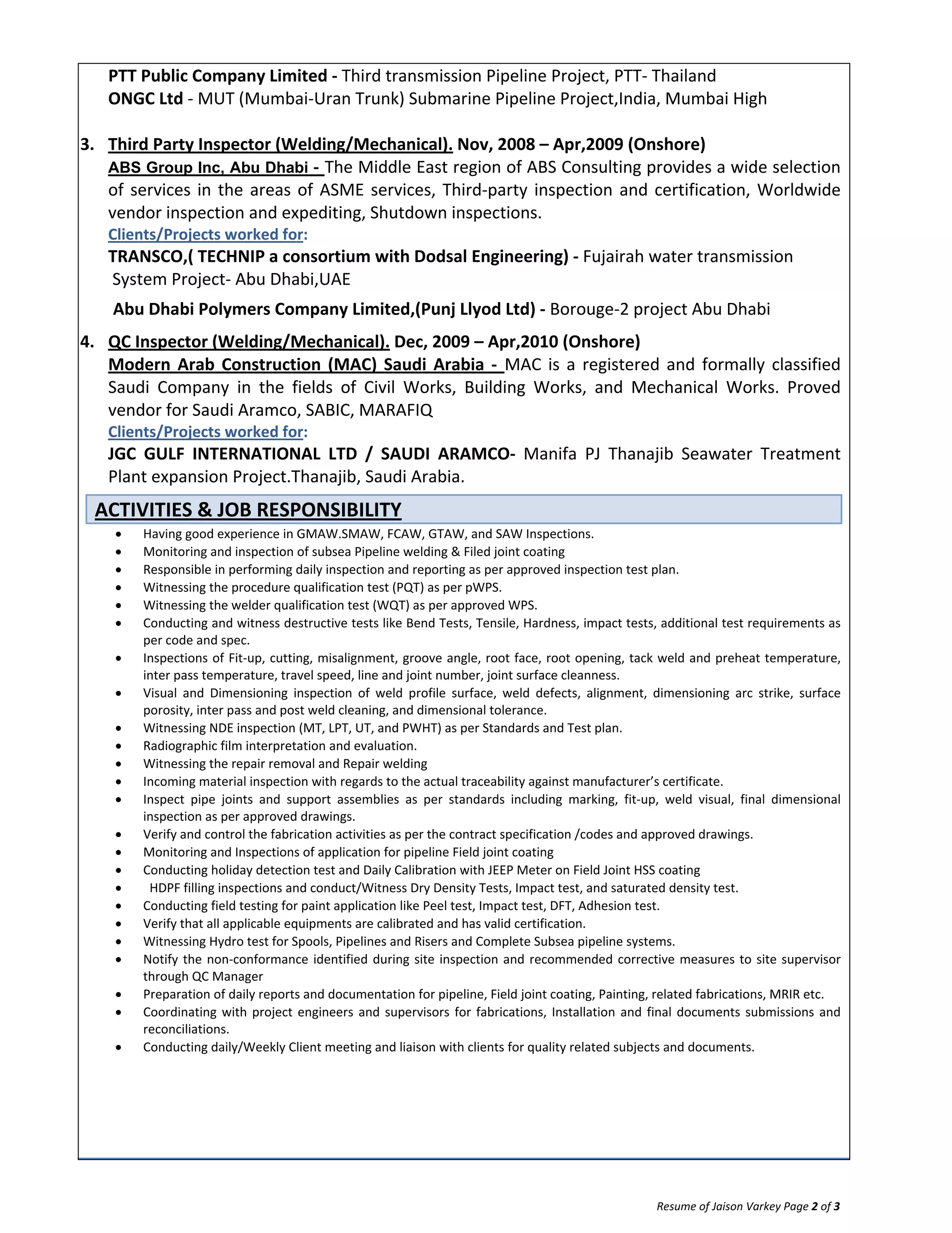 Resume of jaison varkey QA/QC Inspector welding,coating | PDF