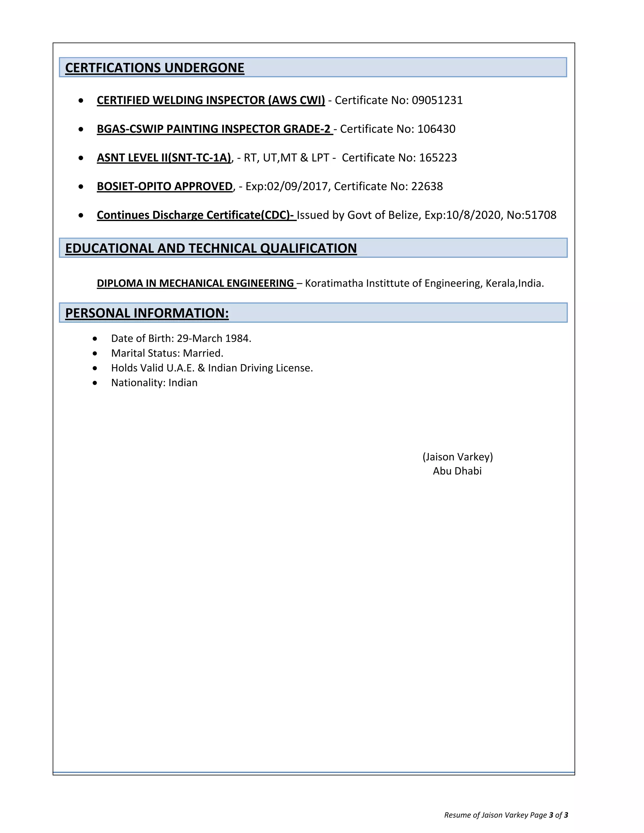 Resume of jaison varkey QA/QC Inspector welding,coating | PDF