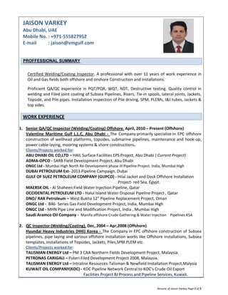 Resume of jaison varkey, QA/QC inspector welding,coating offshore Oil ...