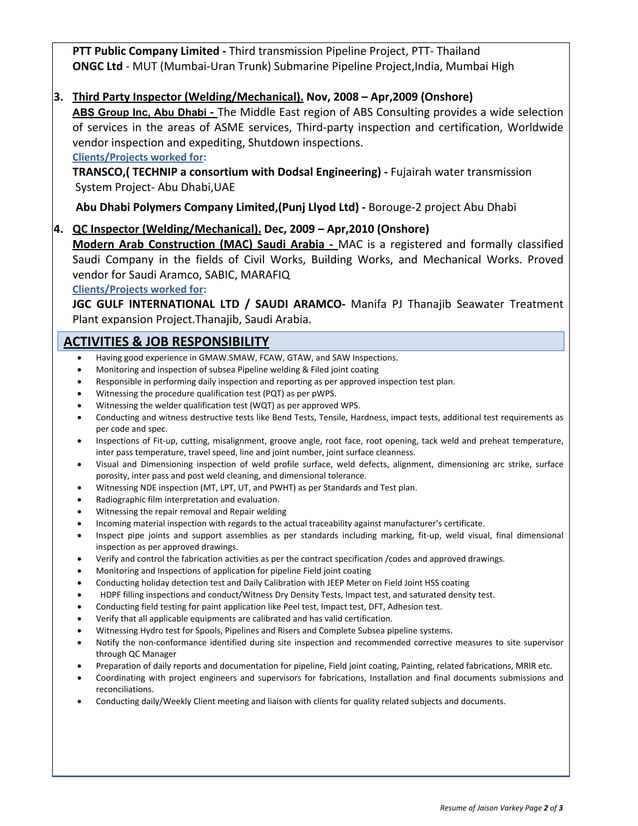 Resume of jaison varkey, QA/QC inspector welding,coating offshore Oil ...
