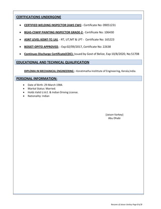 Resume of jaison varkey, QA/QC inspector welding,coating offshore Oil ...