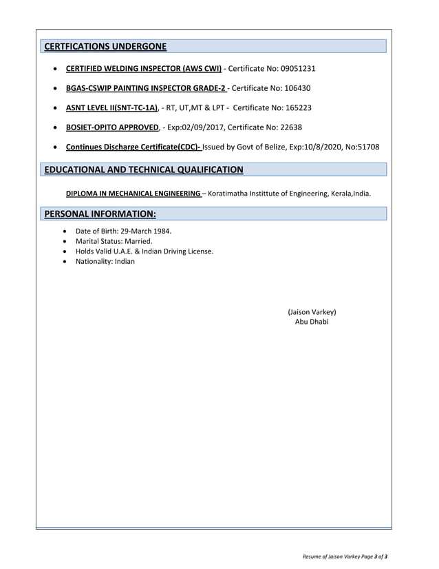 Resume of jaison varkey, QA/QC inspector welding,coating offshore Oil ...