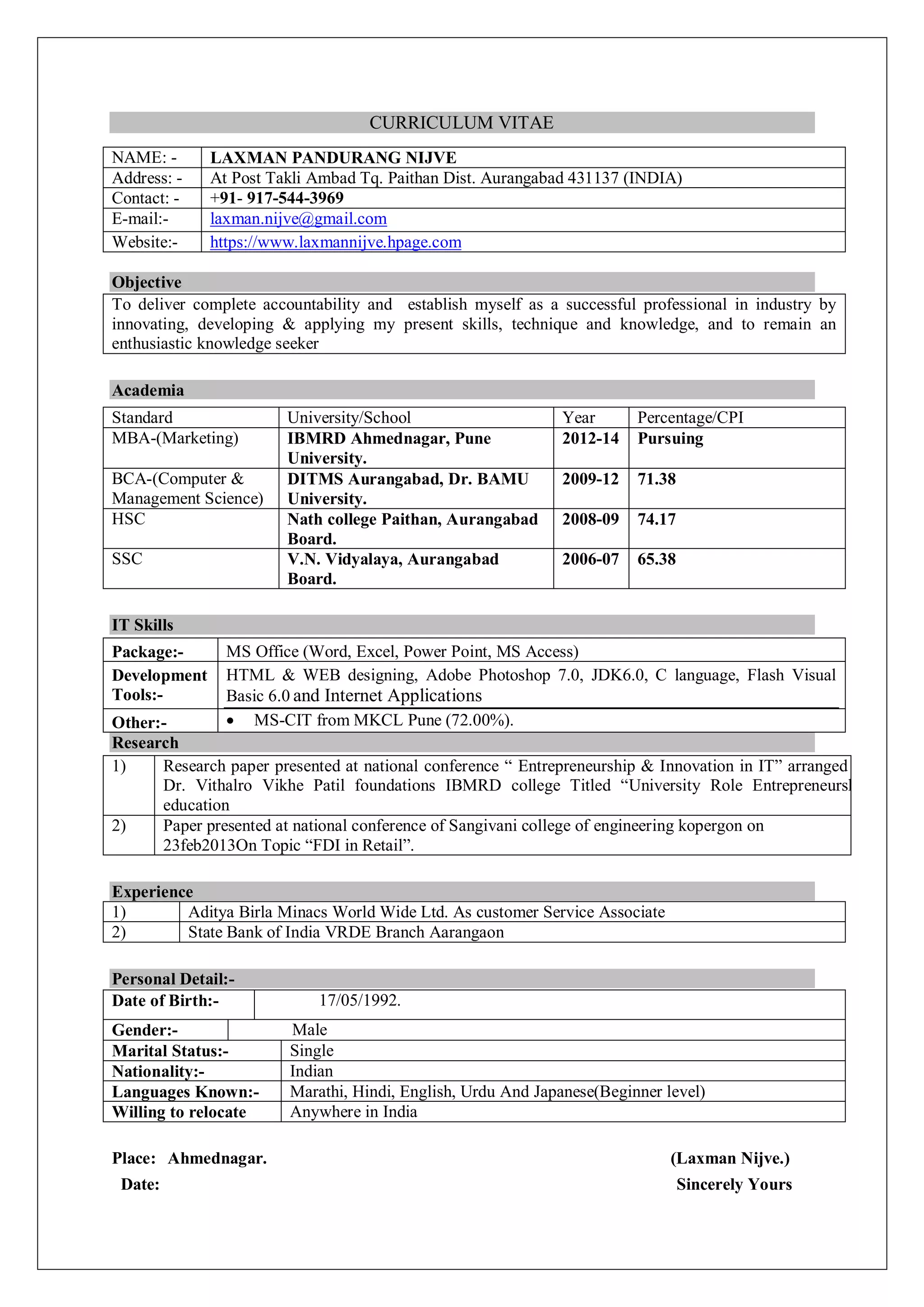 Resume of laxman nijve mba II (marketing) in t abular format | PDF