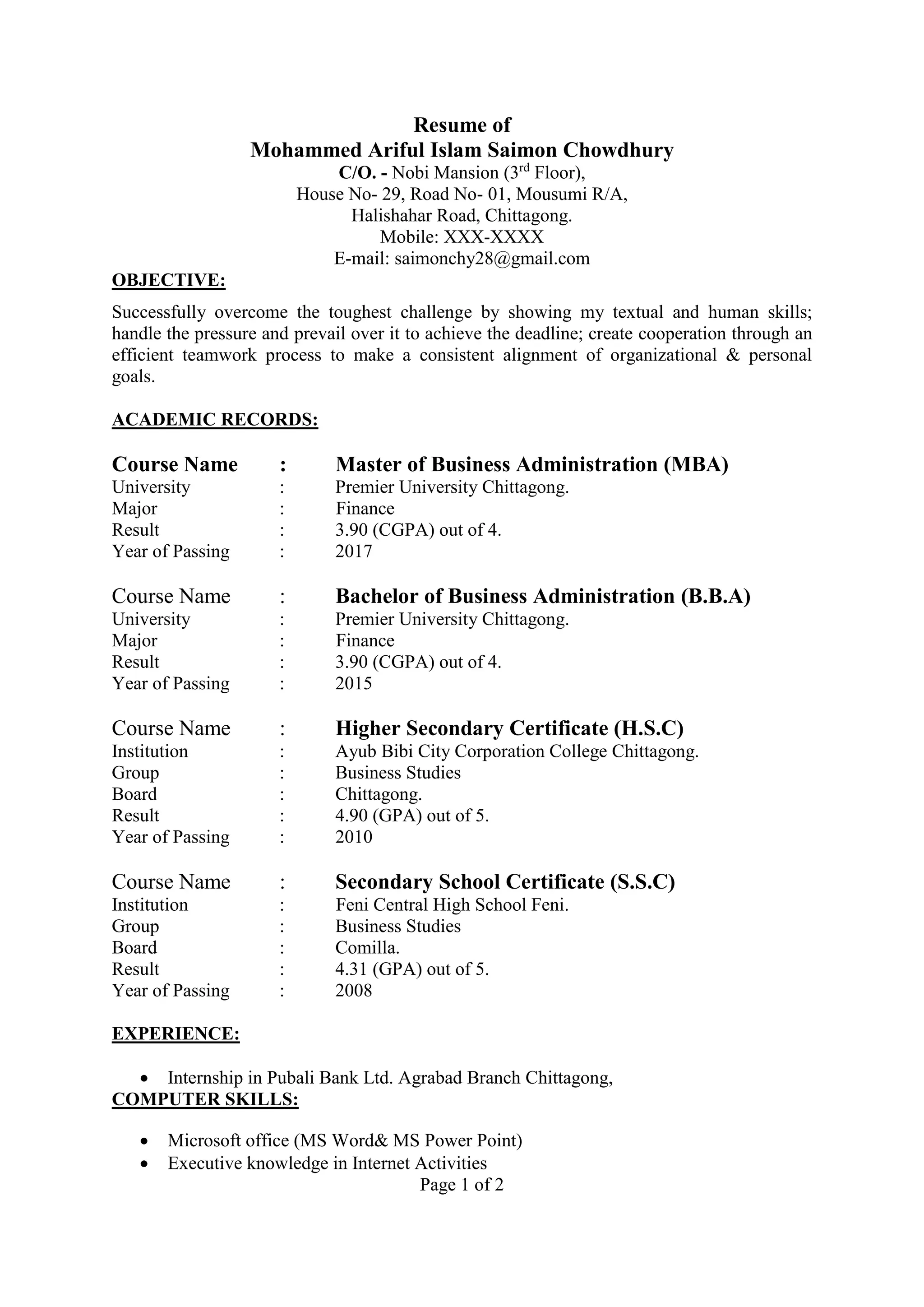 Resume of MD Ariful Islam Saimon | DOC