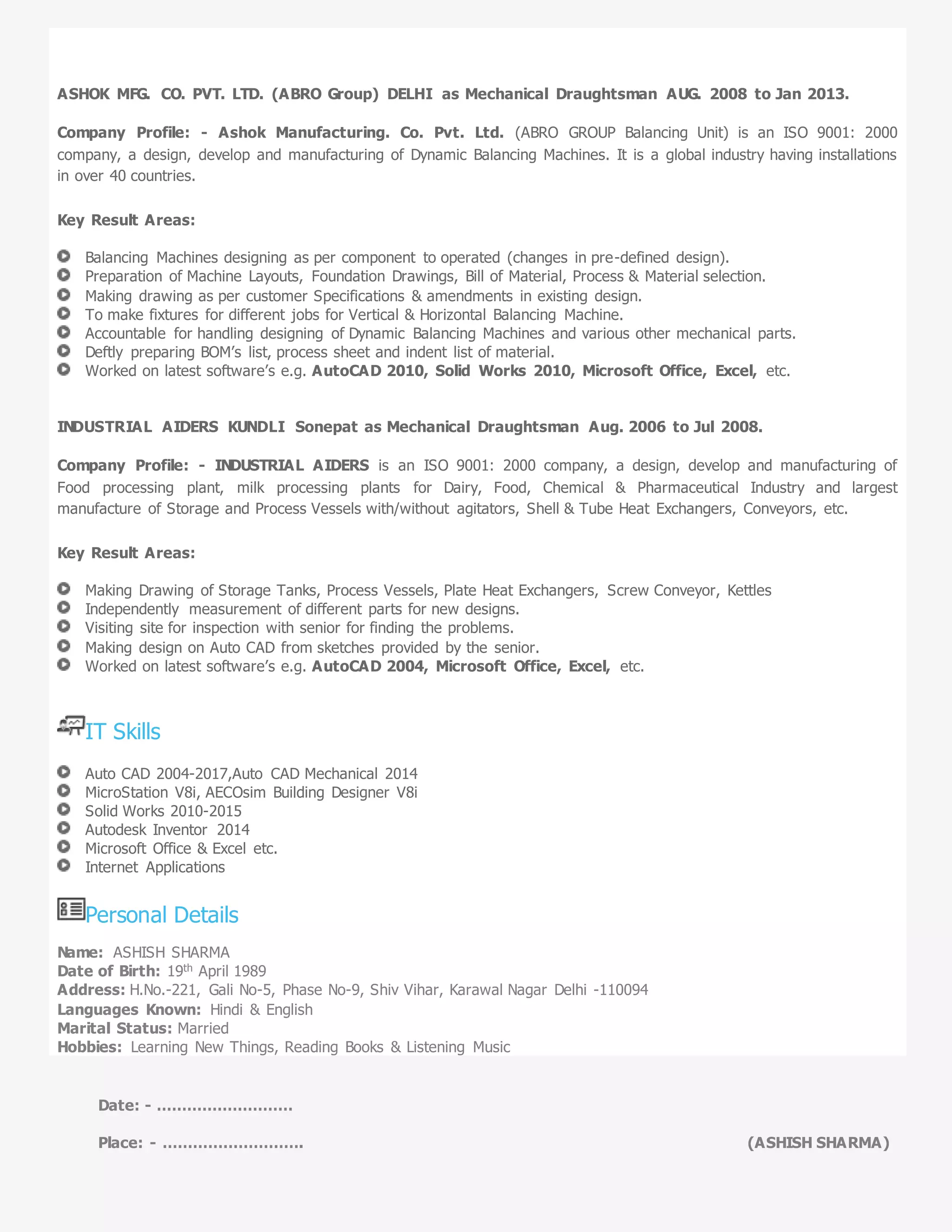 Resume of mechanical design engineer 13 years of exp. on auto cad ...