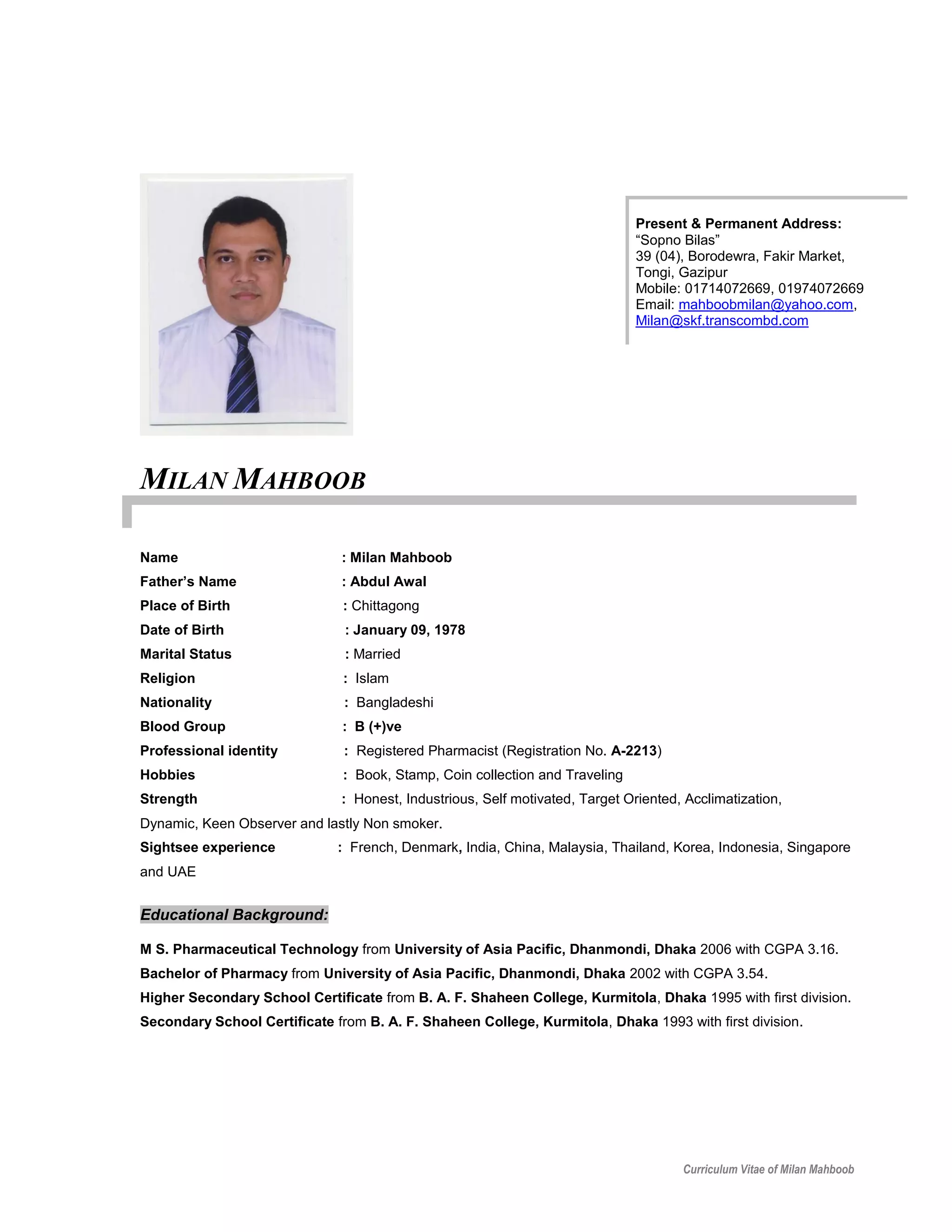 Resume of Milan Mahboob | PDF