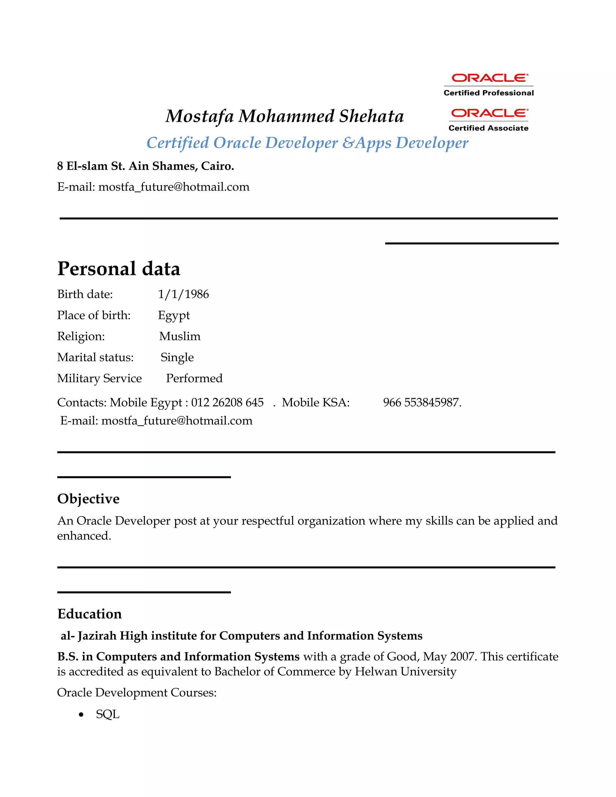 Resume of mostafa mohammed shehata | DOC | Computer Software and Applications | Computing