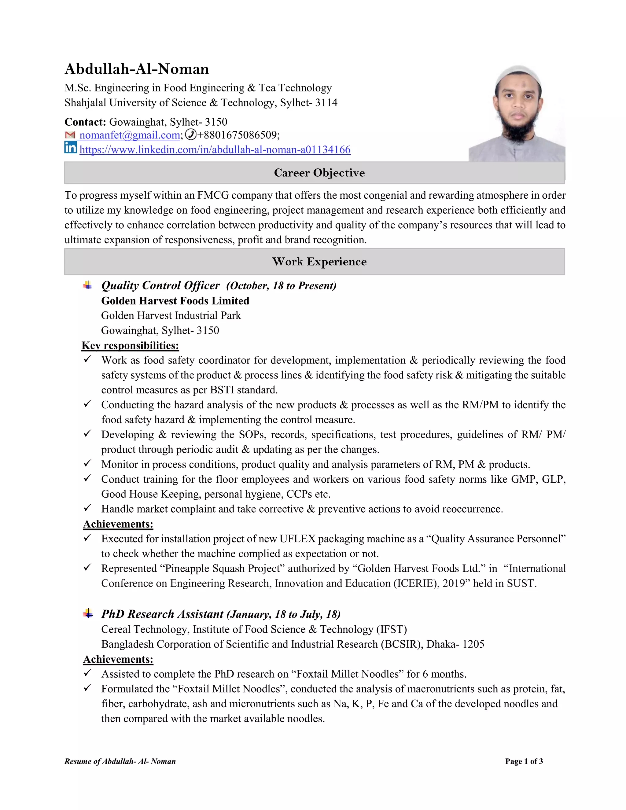 Resume of noman food engr. sust(qc in golden) | PDF