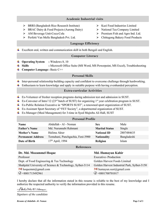 Resume of noman food engr. sust(qc in golden) | PDF