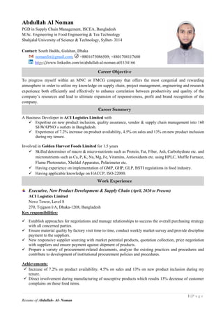 Resume of Noman SCM_ACI Logistics_Golden harvest | PDF