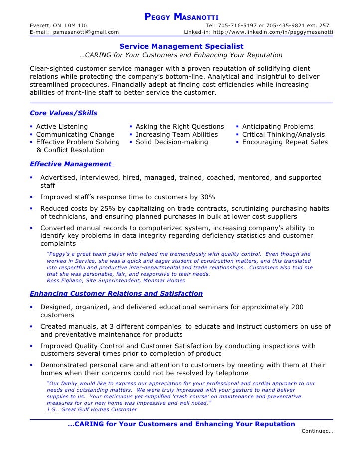 Resume Of Peggy Masanotti Service Management Specialist