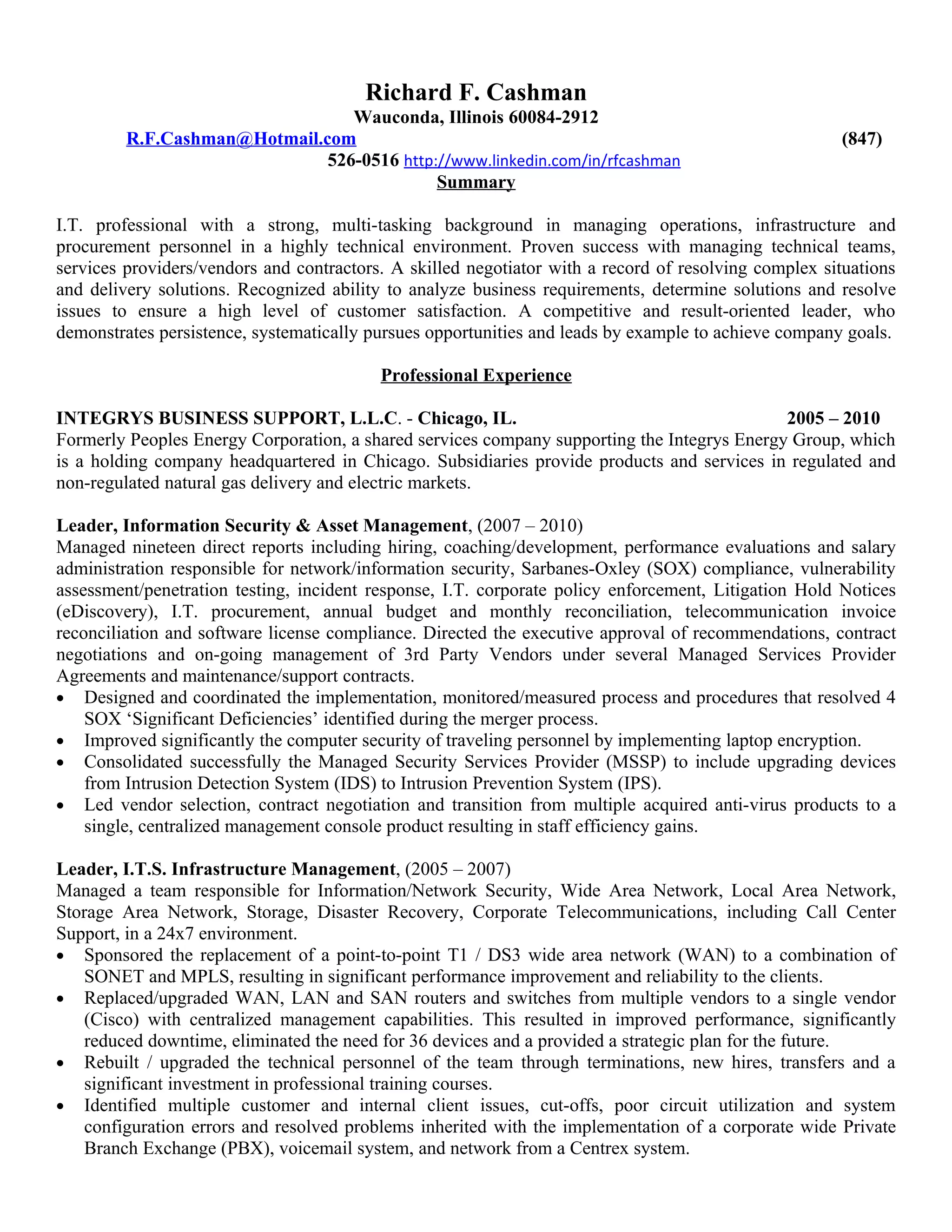 Resume of r. f. cashman upload | DOC | Computer Networking | Computing