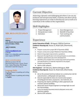 Resume of Civil Engineer - BoQ | PDF