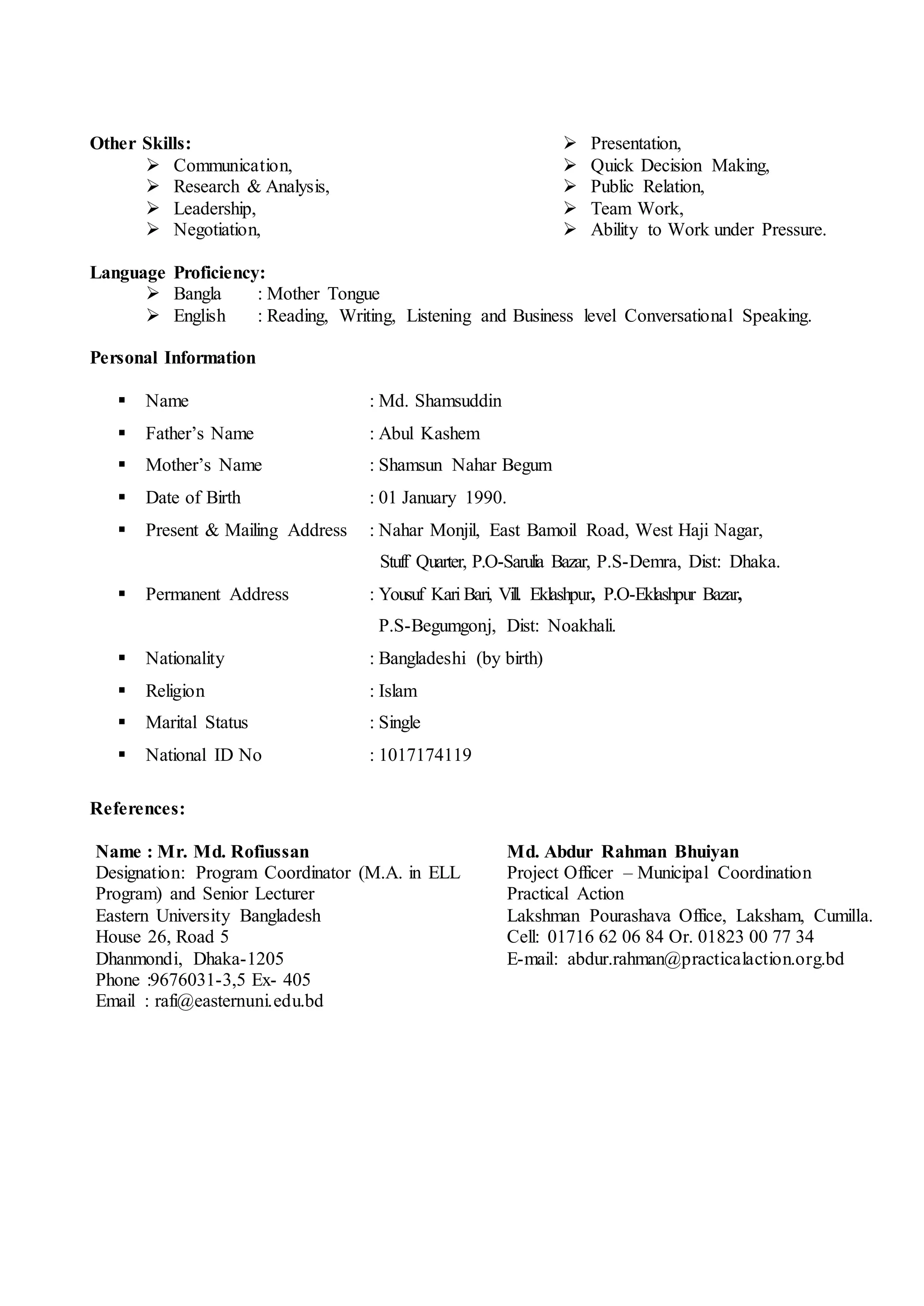 Resume of shamsuddin (new) | DOCX