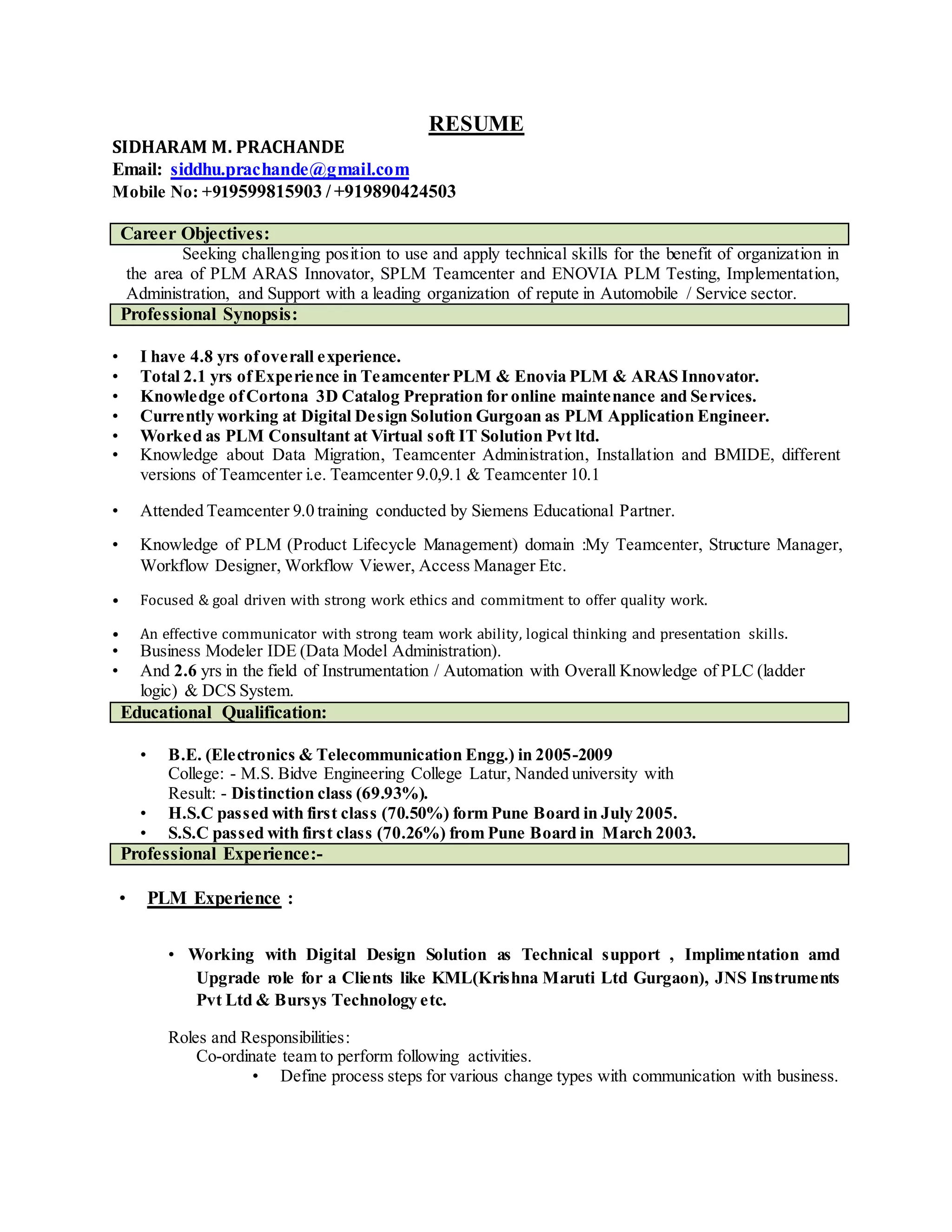 Resume of sidharam prachcande PLM Consultant | DOCX