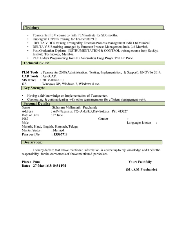 Resume of sidharam prachcande PLM Consultant | DOCX | IT and Internet Support | Internet