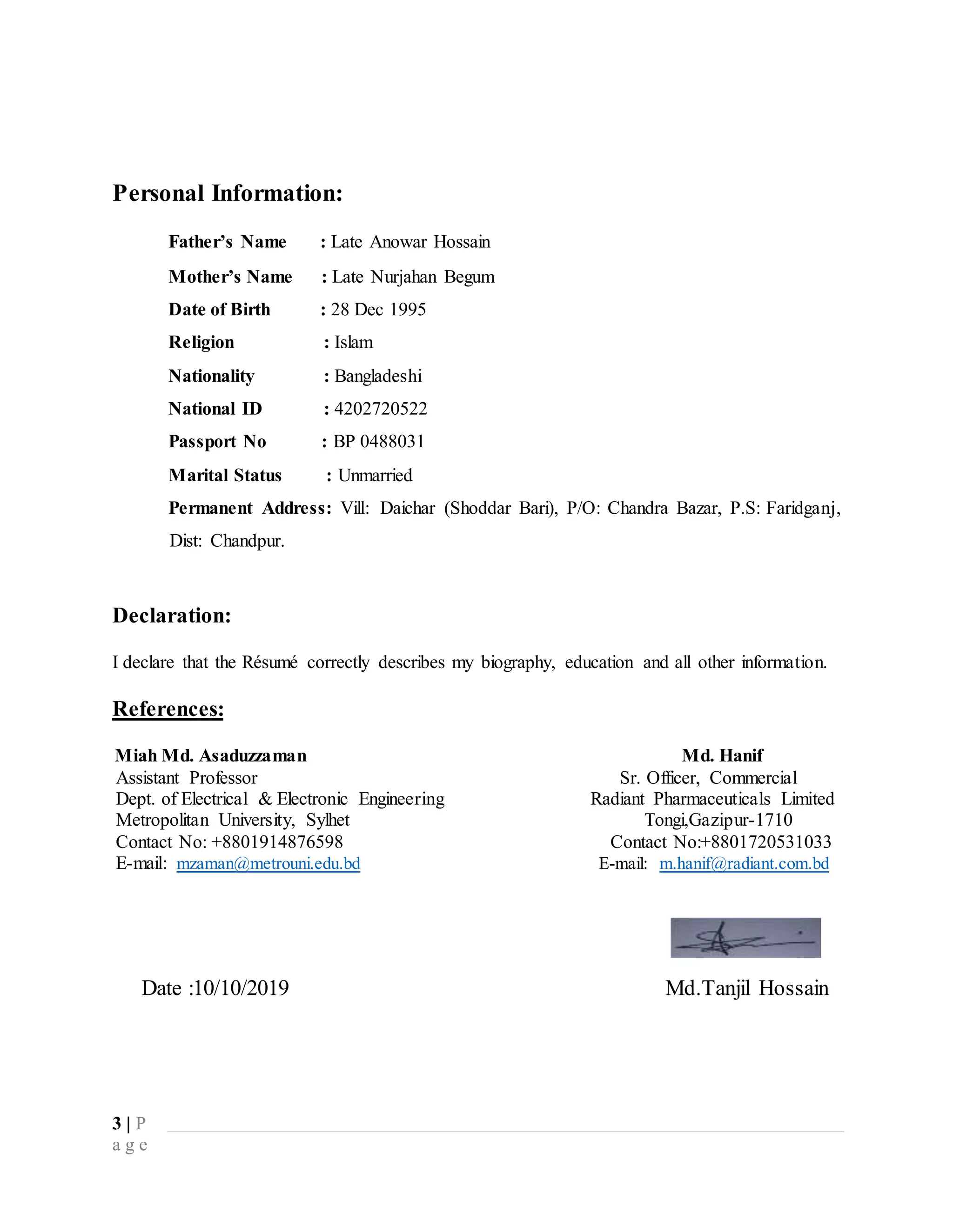 Resume of Tanjil hossain | DOCX