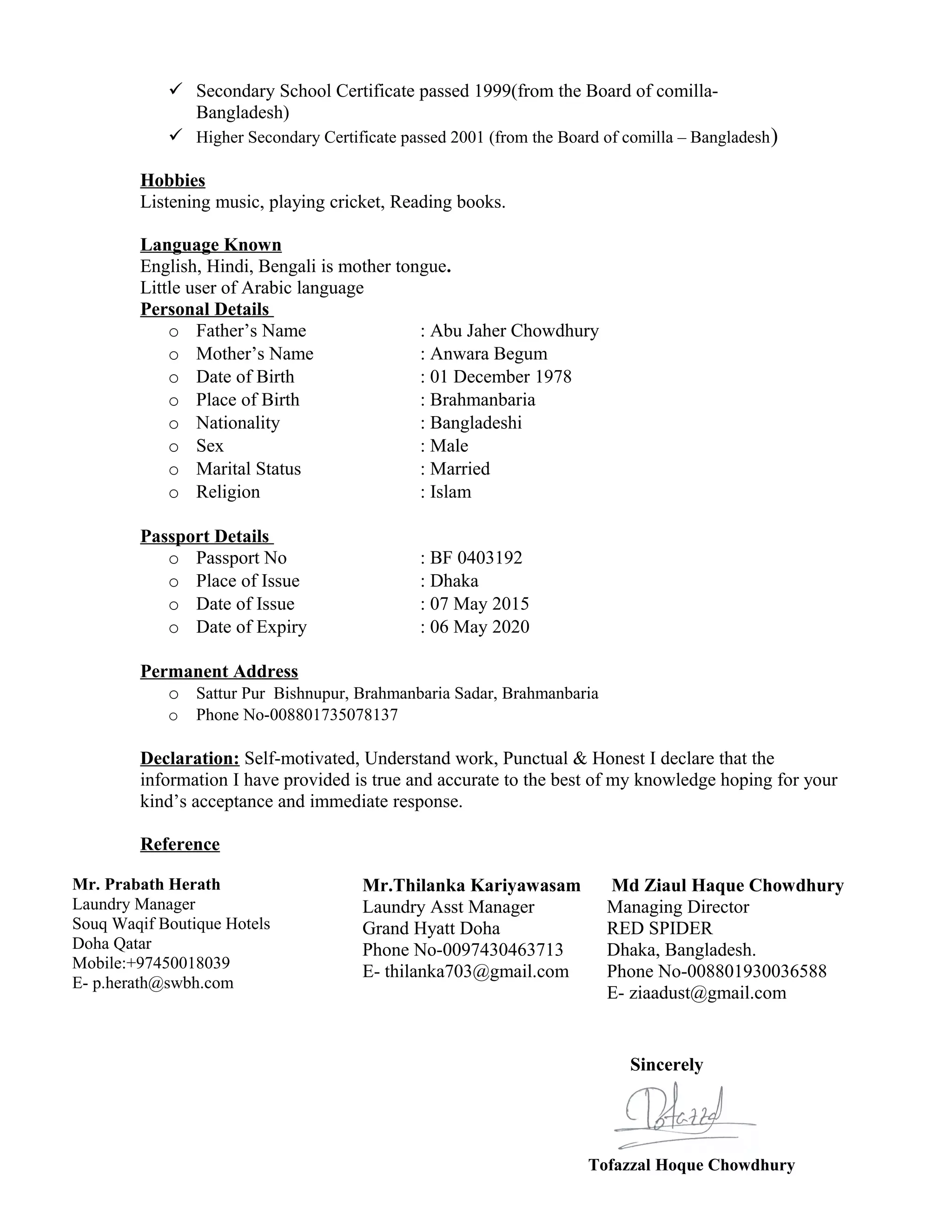 Resume of Tofazzal Haque Chowdhury | DOC