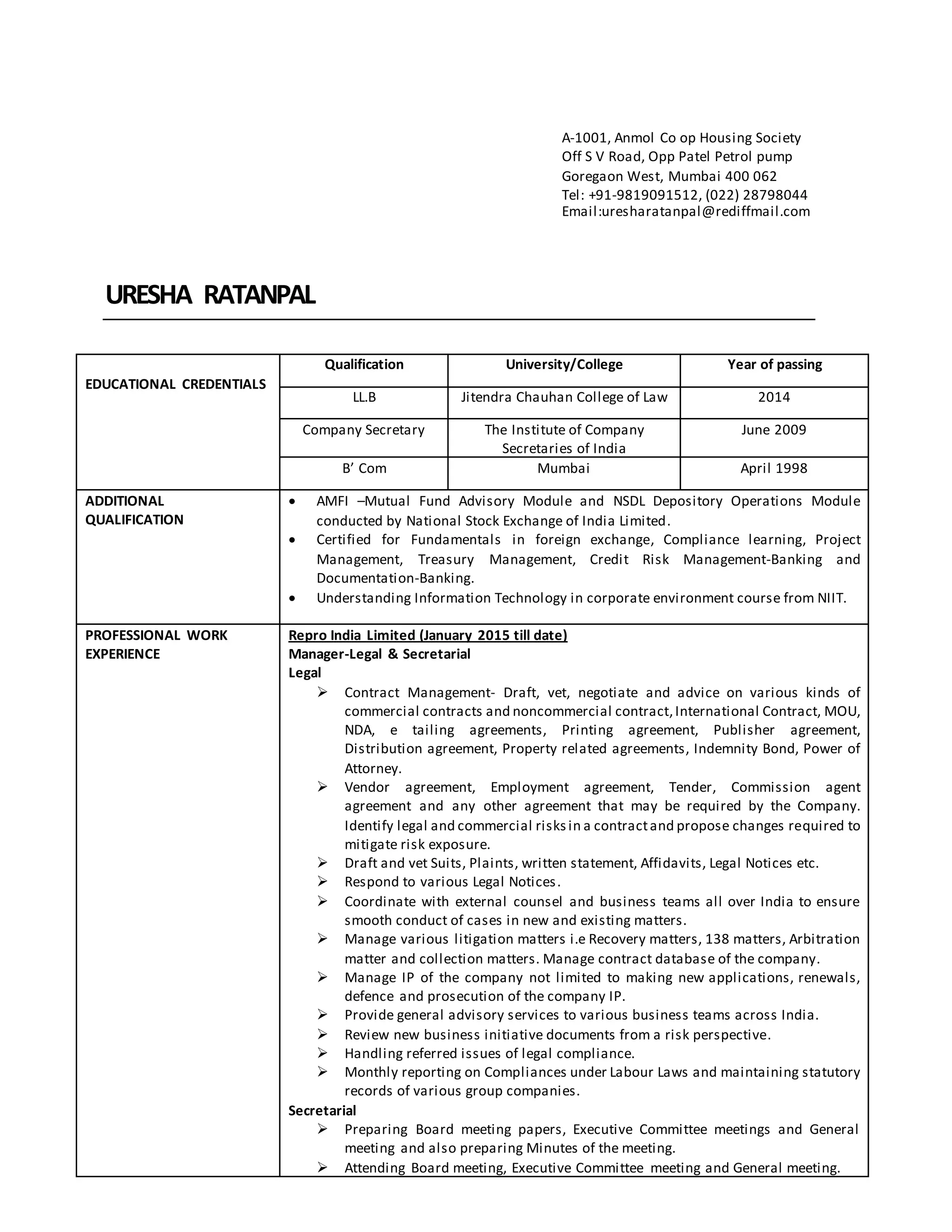 Resume of uresha ratanpal | DOCX