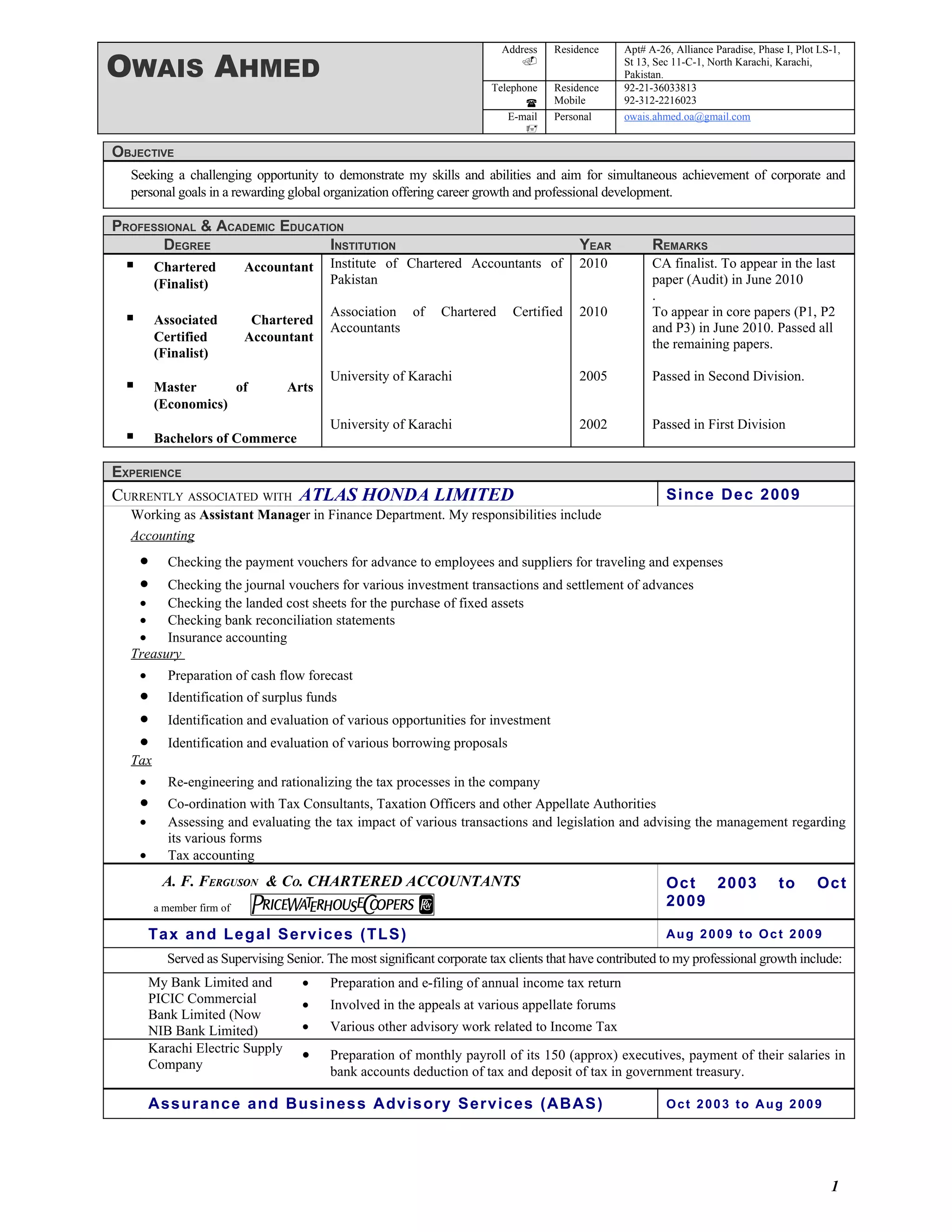 Resume owais ahmed | DOC